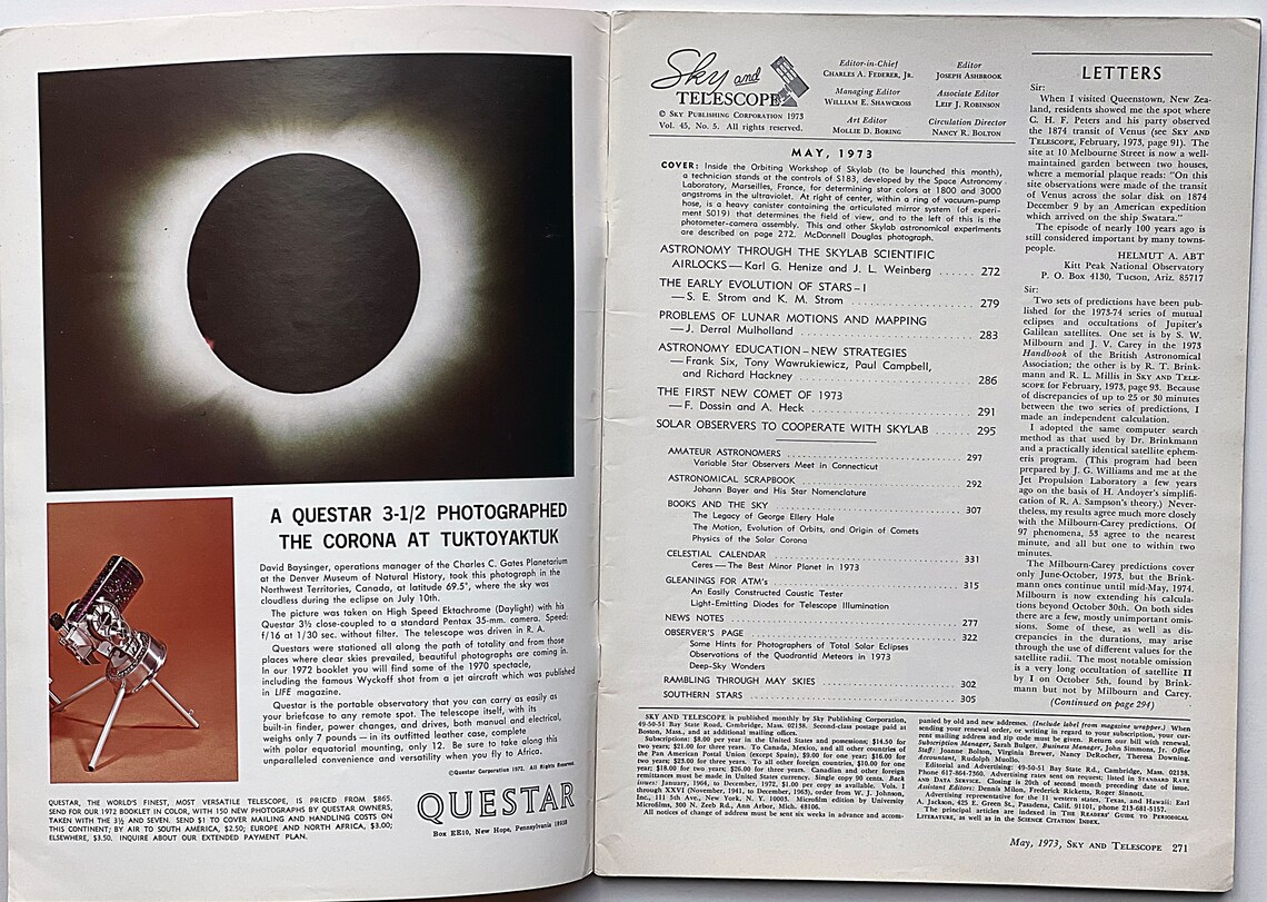 Vintage Sky and Telescope Magazine May 1973 With Questar Telescope Ad ...