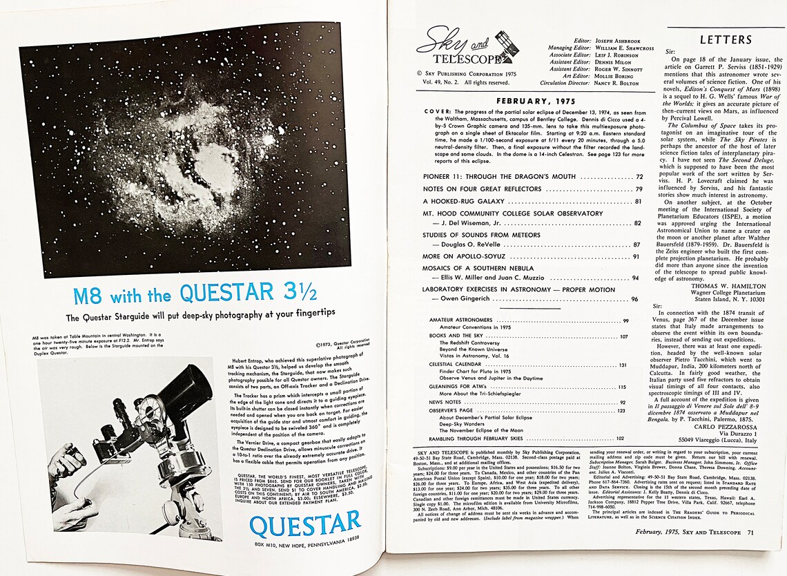 Vintage Sky and Telescope Magazine February 1975 With Questar Telescope ...