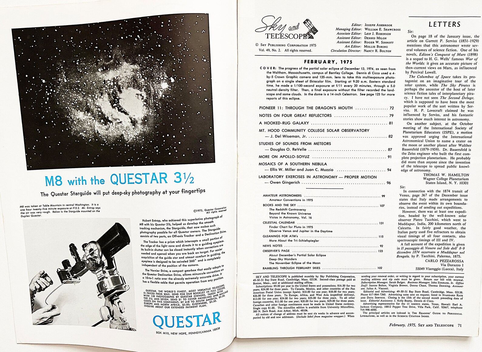 Vintage Sky and Telescope Magazine February 1975 With Questar Telescope ...