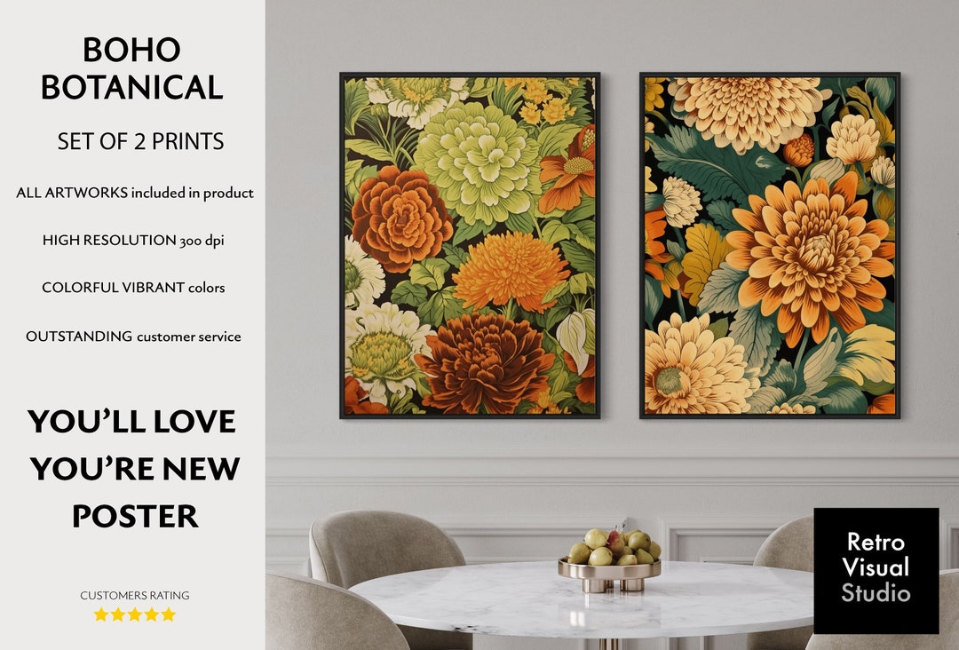 Boho Botanical Set of 2 Prints, Mid Century Modern Foral Boho Wall Art ...