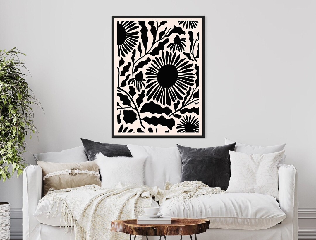 Abstract Botanical Print, Black & Beige Floral Illustration, Boho Home ...