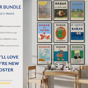 Babar the Elephant Wall Decor, Nursery Set of 9 Print, Vintage Nursery ...