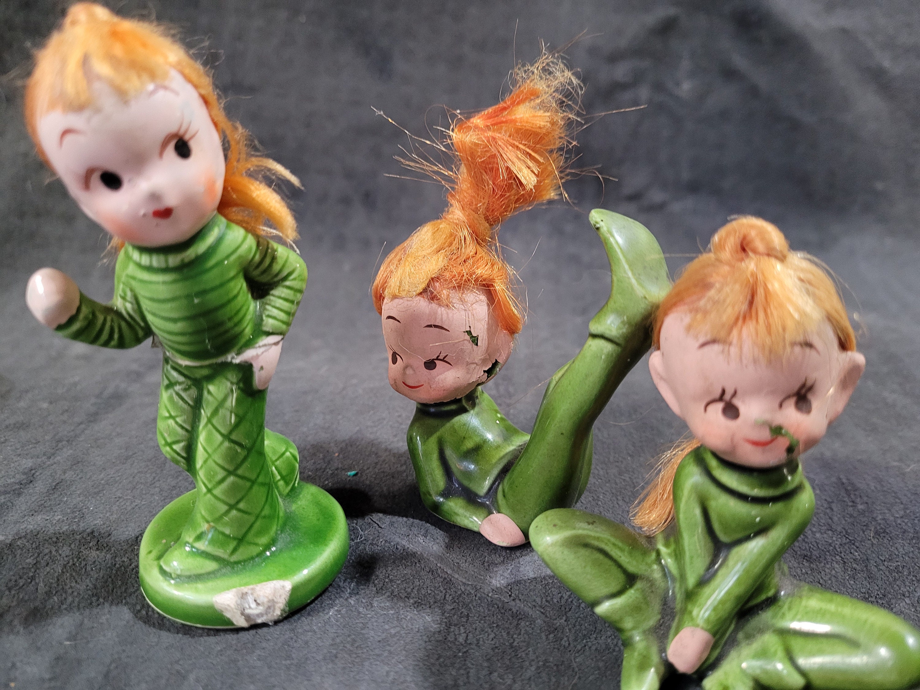 RARE Vintage NAPCO National Potteries Pixie Elf Green W/ Red Hair Set ...