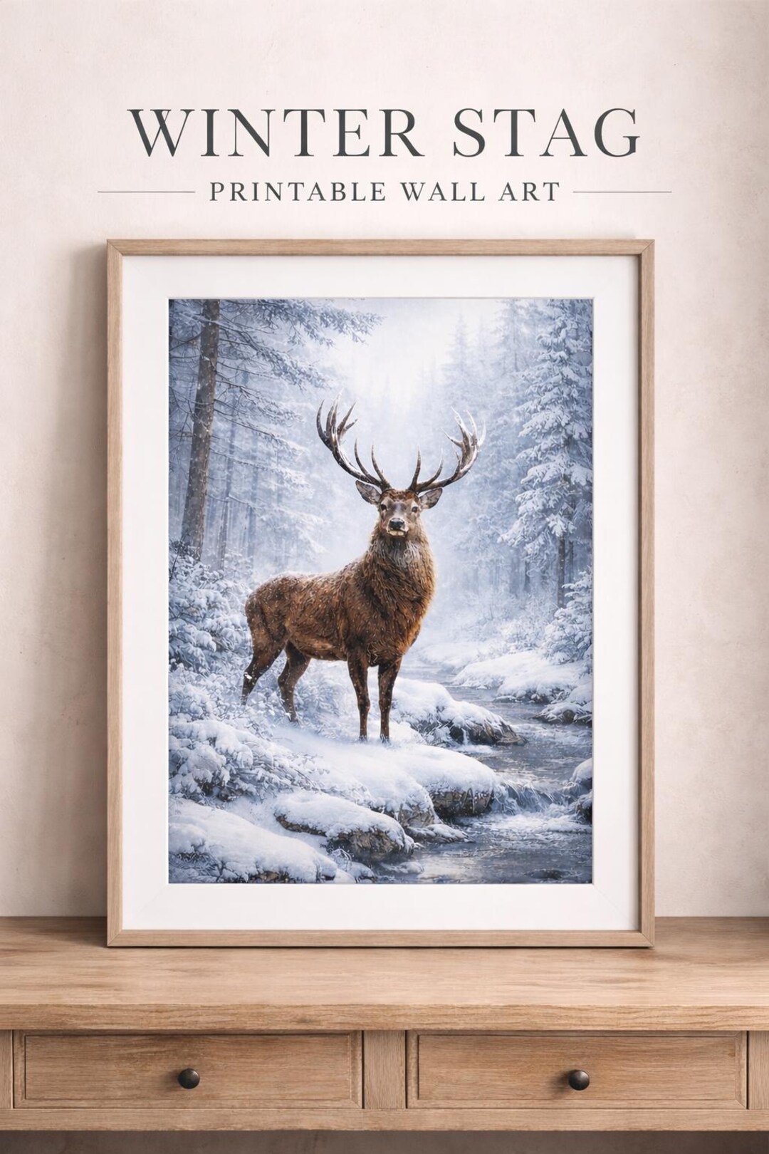 Winter Stag Printable Wall Art, Rustic Cabin Deer Print (digital ...
