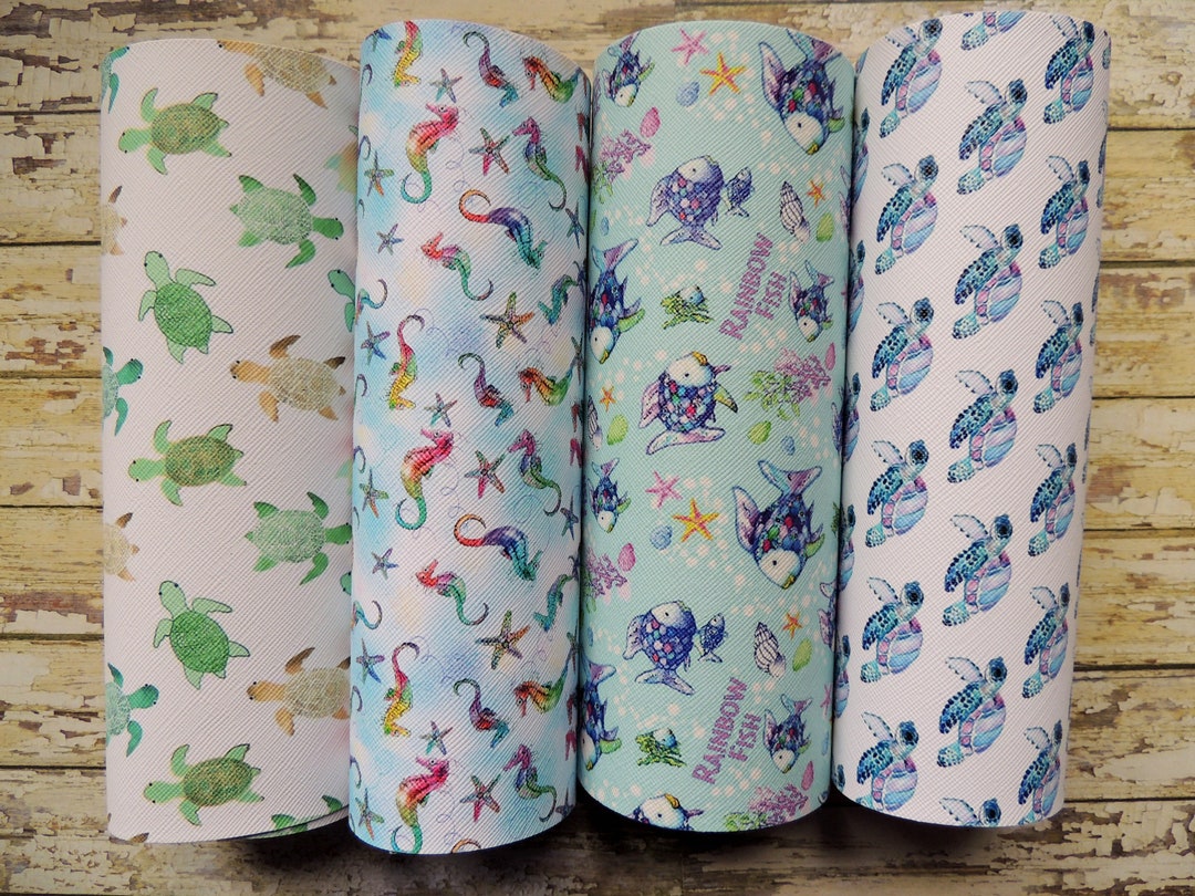 Sea Creature Design Printed Faux Leather Sheet, Turtles, Fish, Seahorse ...