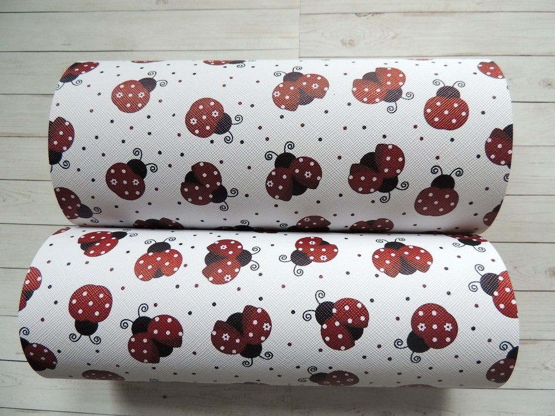 Red Lady Bug Design Printed on White Faux Leather , Bow and Earring ...