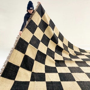 5x7 Wool Jute Kilim Handmade Checkered Jute Rug Handcrafted Wool Jute ...