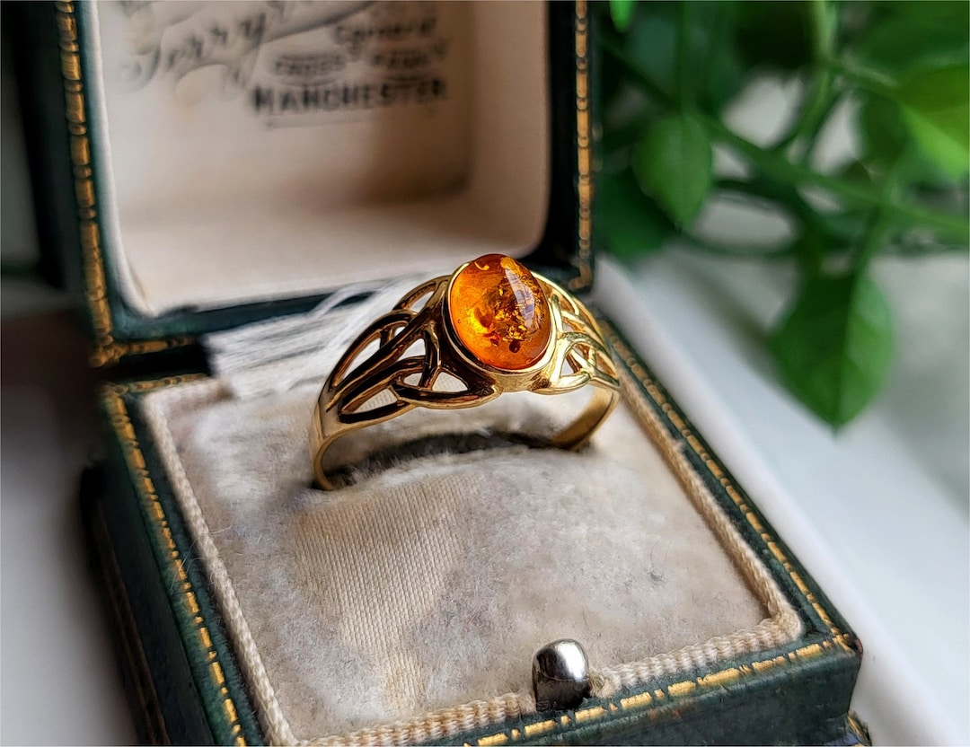 DETAILED Vintage 9ct Gold Amber Ring. FREE RESIZING 9ct Amber Ring ...
