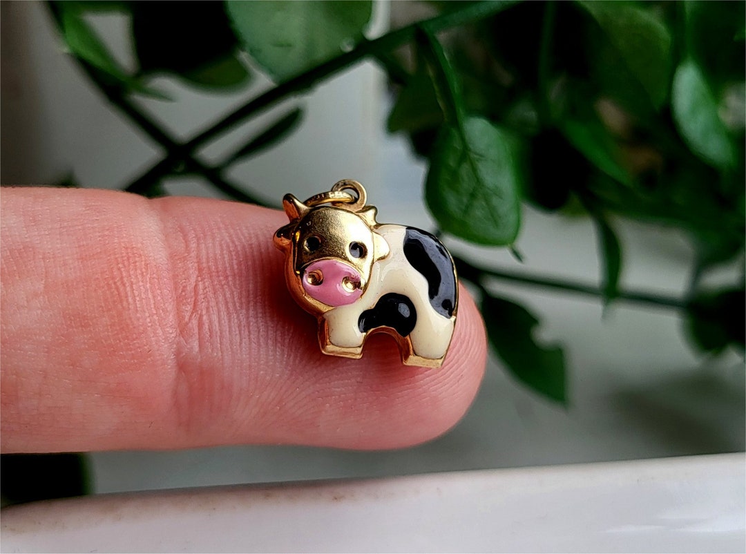RARE CUTE Vintage 9ct Gold Cow Charm. ENAMELED Cow Charm. Vintage Cow ...