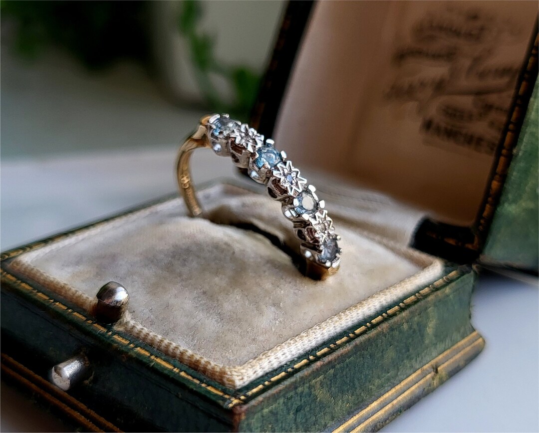 GENUINE Vintage 9ct Gold Aquamarine Diamond Eternity Ring. 9ct Gold ...