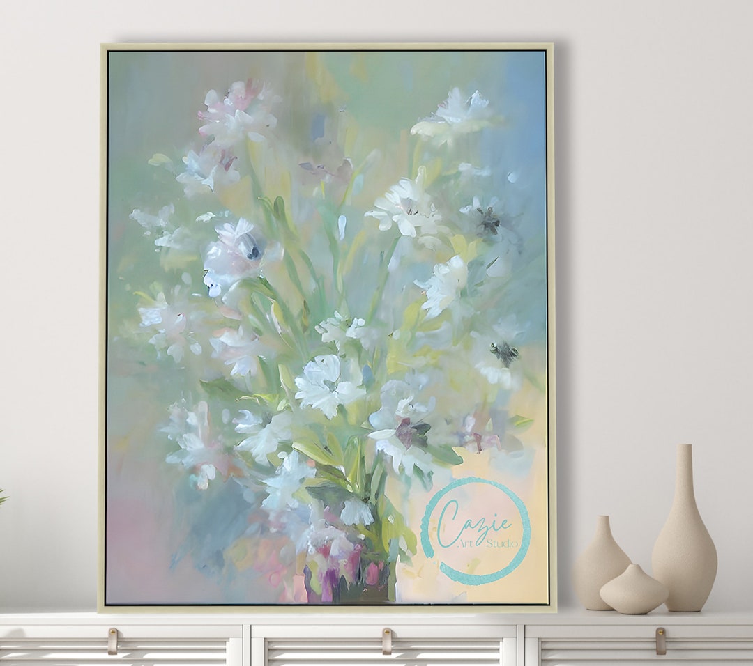 Clementine Large Floral Abstract Canvas Art, Muted Green Abstract ...
