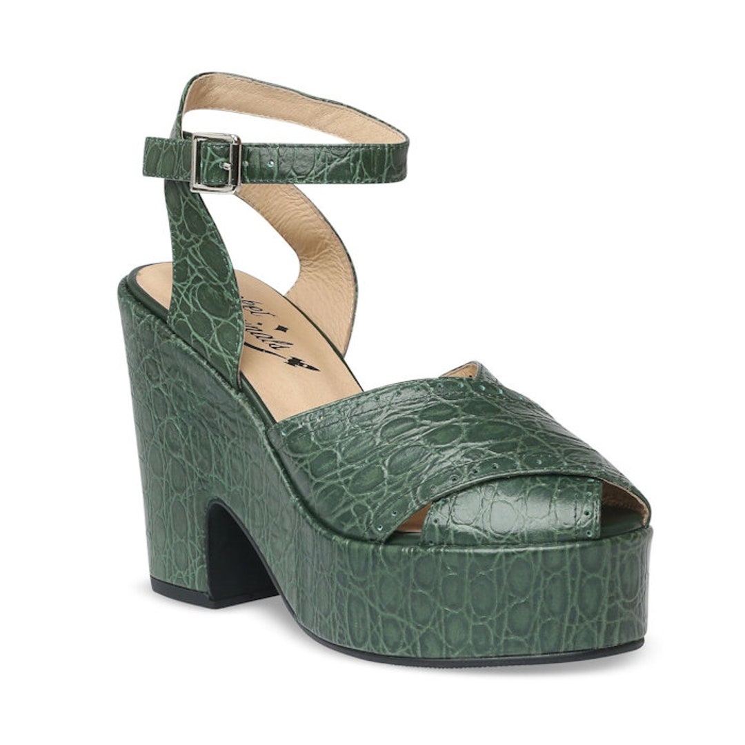 Rocket Originals 1940s Miranda Style Platforms Sandals in Green Reptile ...