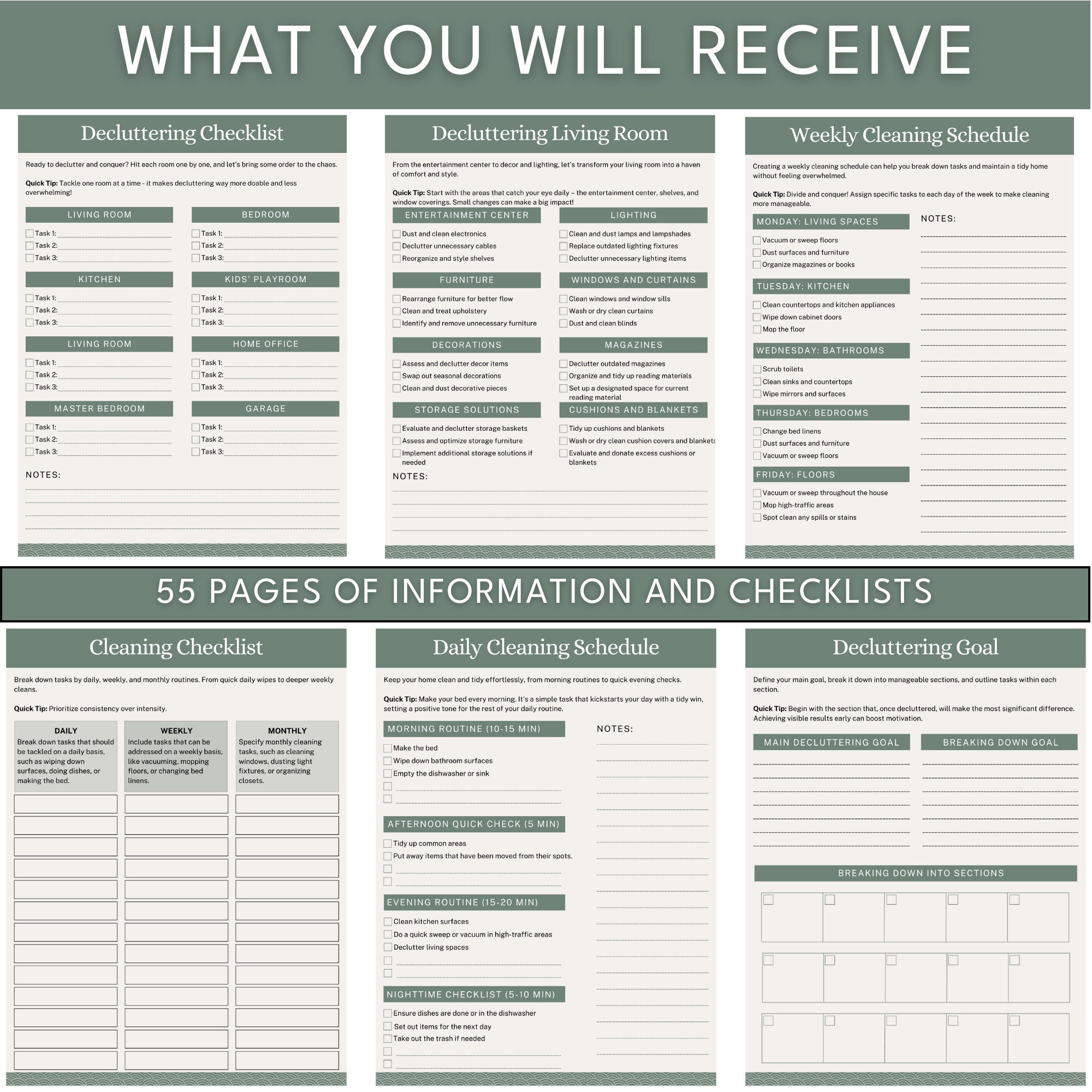 Decluttering & Cleaning Planner Printable Checklists Cleaning Schedule ...