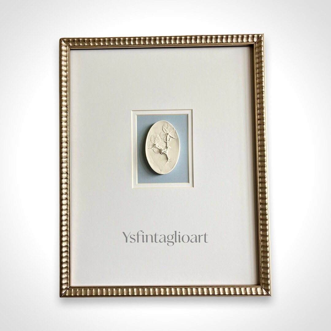 Framed Bas Relief Botanical Flower Intaglio Against a Powder Blue ...