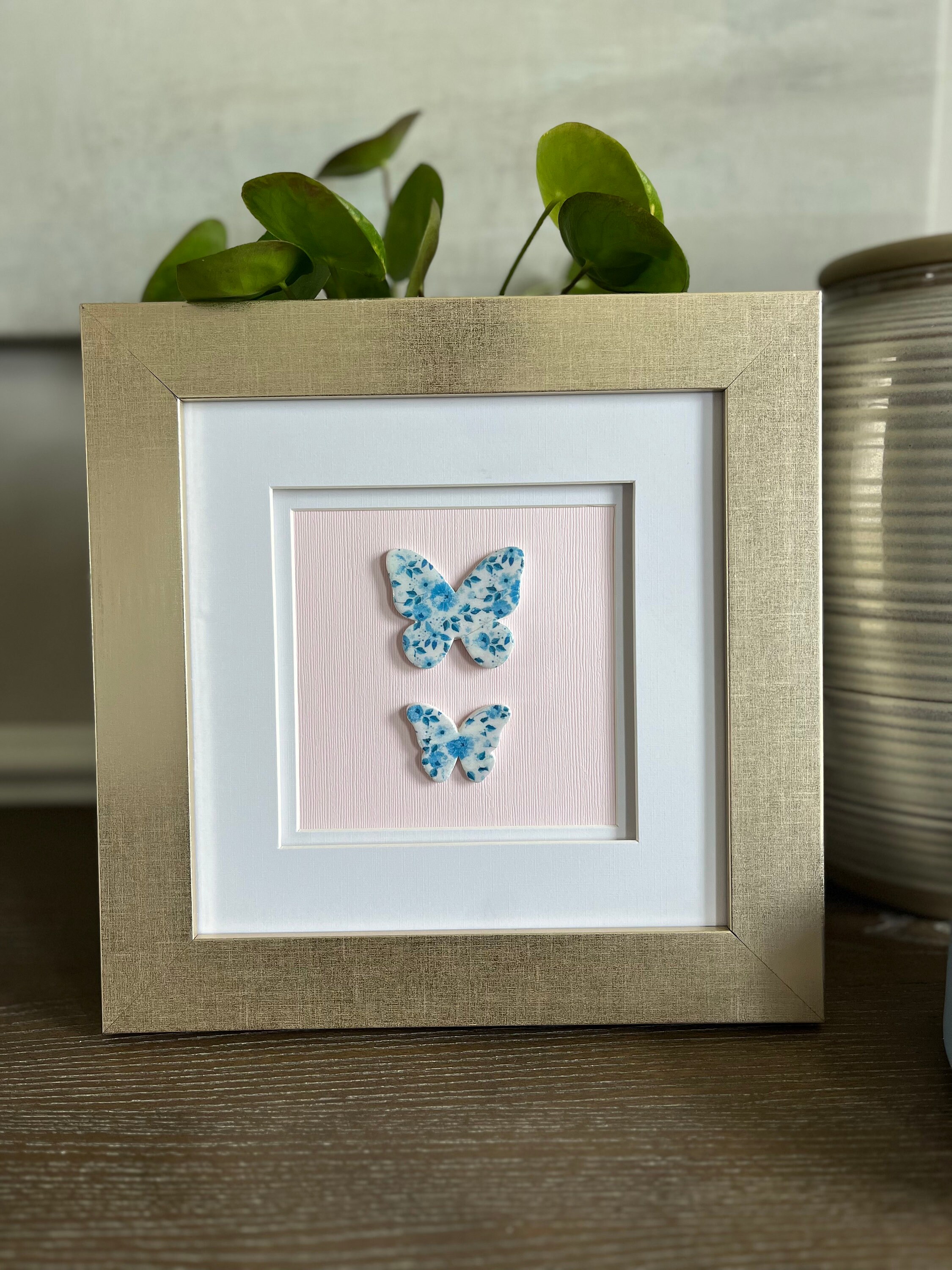 Handmade Blue and White Floral Butterfly Framed intaglio on Pink ...