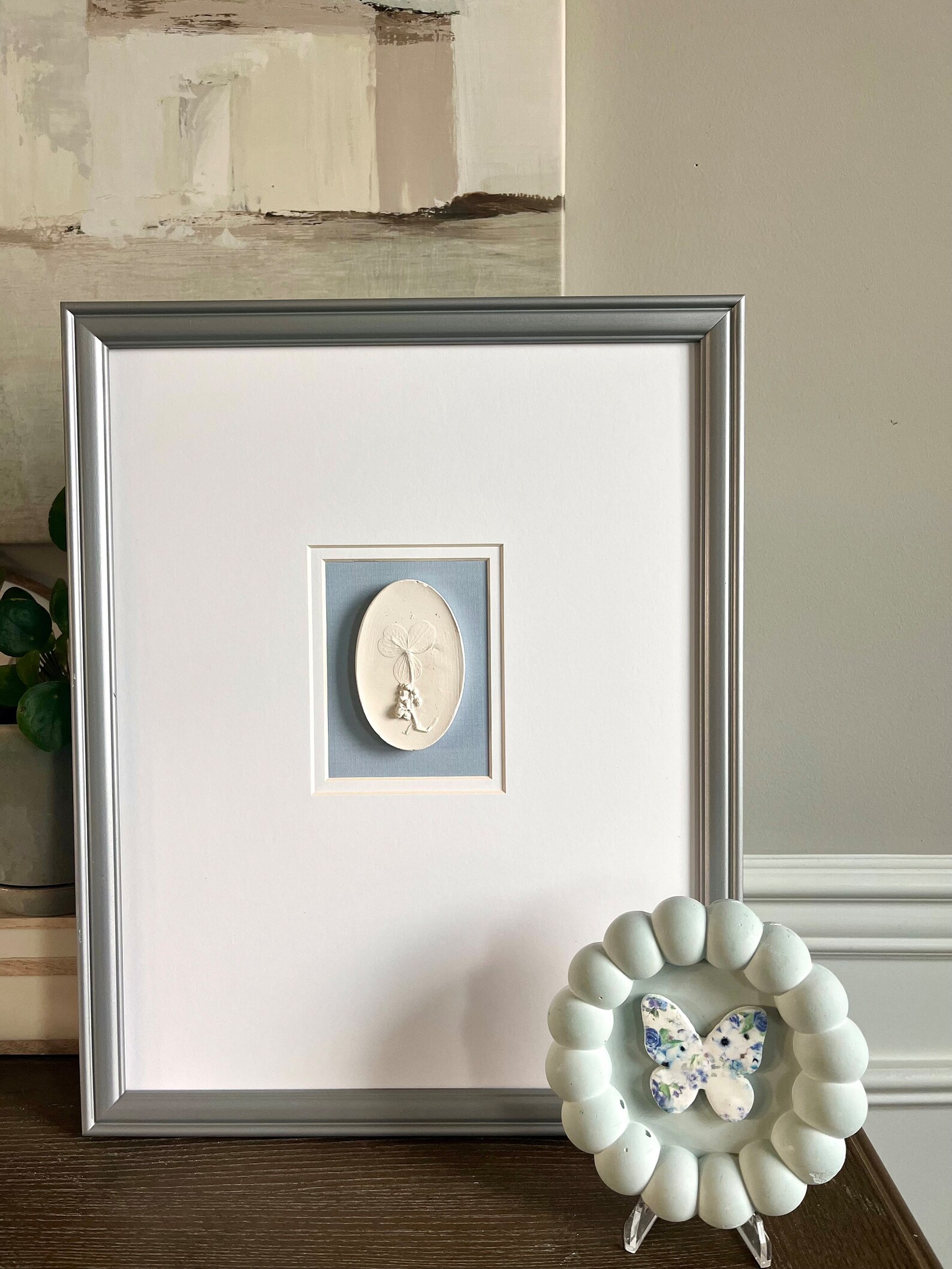 Framed Bas Relief Botanical Flower Intaglio Against a Powder Blue ...