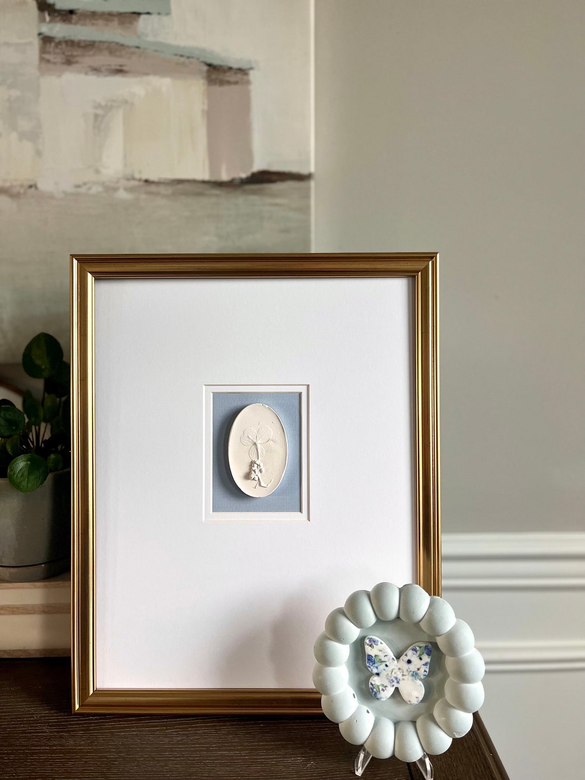 Framed Bas Relief Botanical Flower Intaglio Against a Powder Blue ...