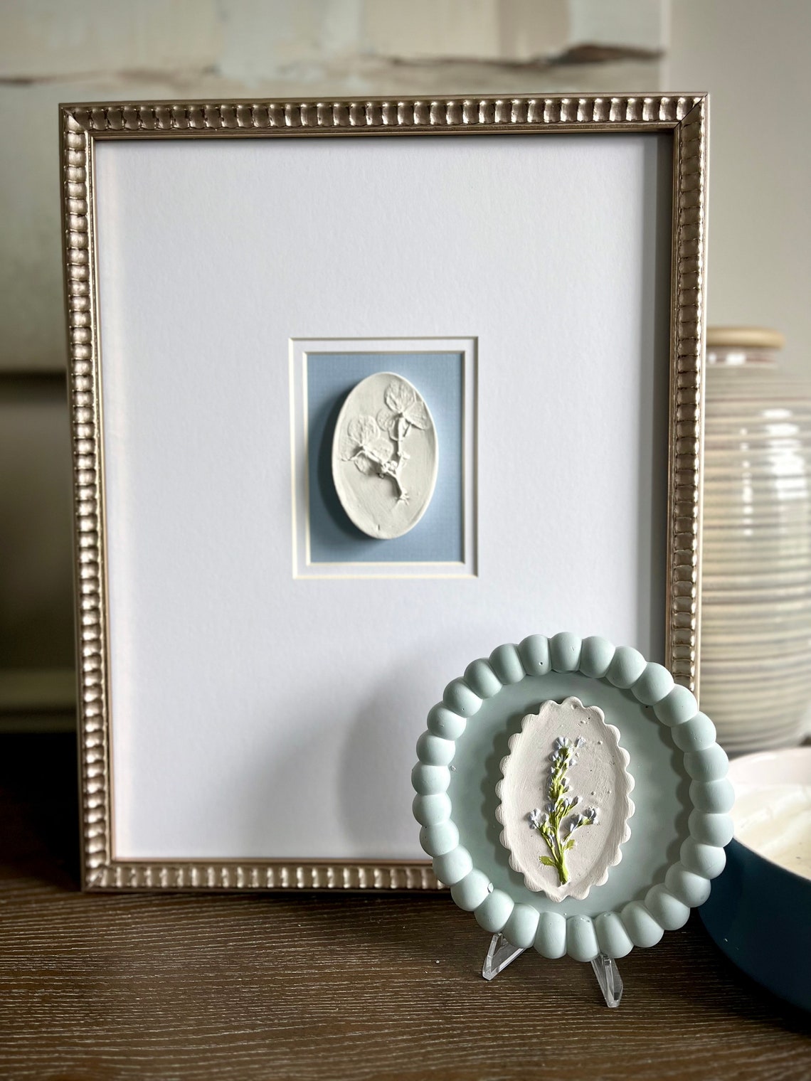 Framed Bas Relief Botanical Flower Intaglio Against a Powder Blue ...