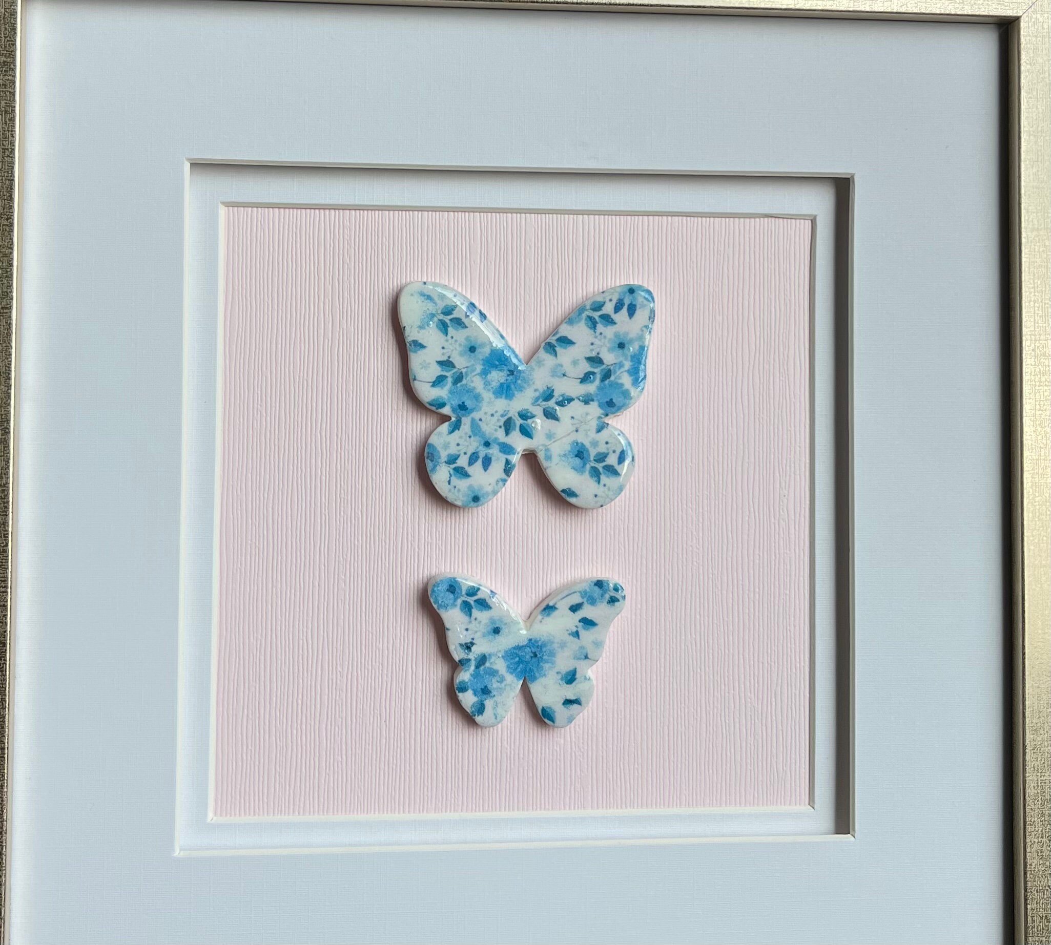 Handmade Blue and White Floral Butterfly Framed intaglio on Pink ...