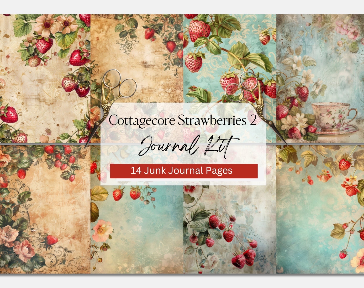 Cottagecore Strawberries Printable Journal Kit, Vintage Junk Journal ...