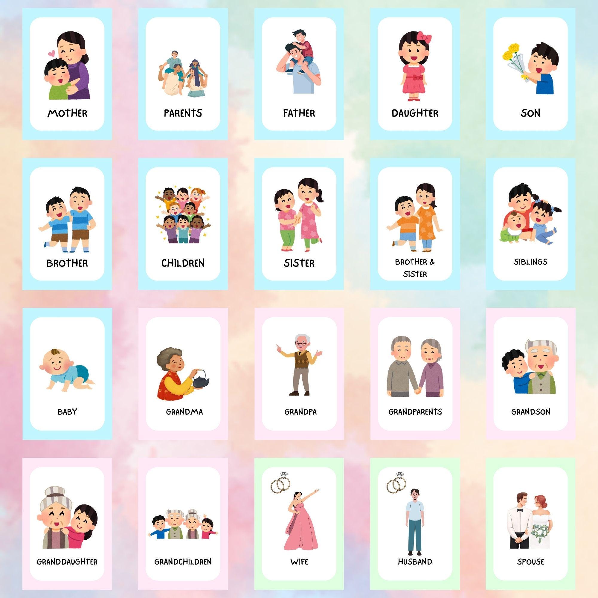 Family Members Flashcards | Printable Family Tree Learning Cards | Kids ...