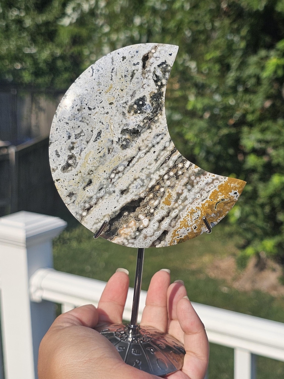 Ocean Jasper Moon Carving With Custom Stand, Orbicular Jasper, Green ...