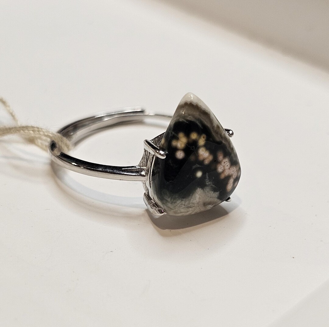 8th Vein Ocean Jasper Teardrop Ring, Green and Pink, Orbicular Jasper ...