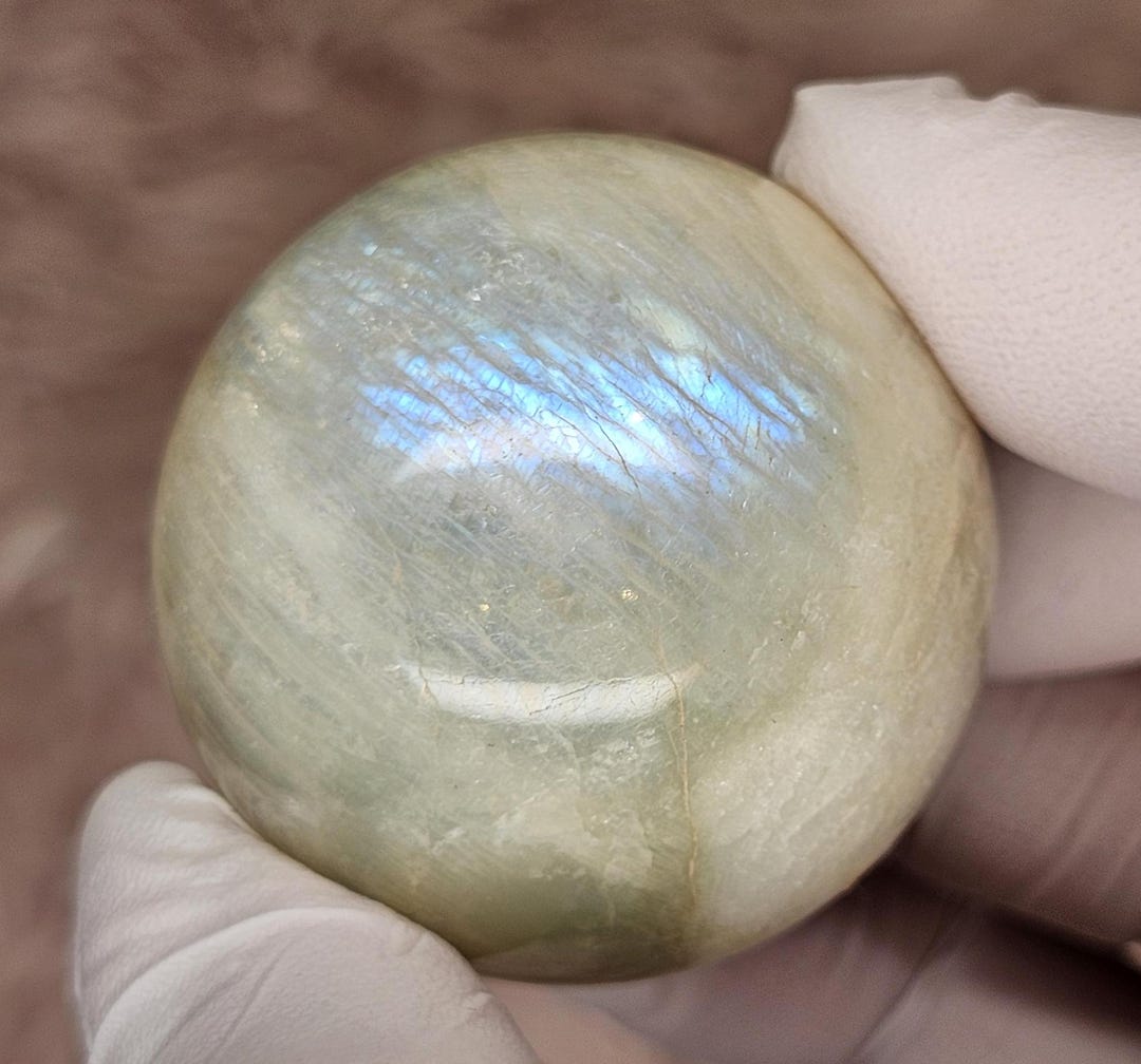 Silky Sage Green Moonstone Sphere, Blue and Rainbow Flash, Rare ...