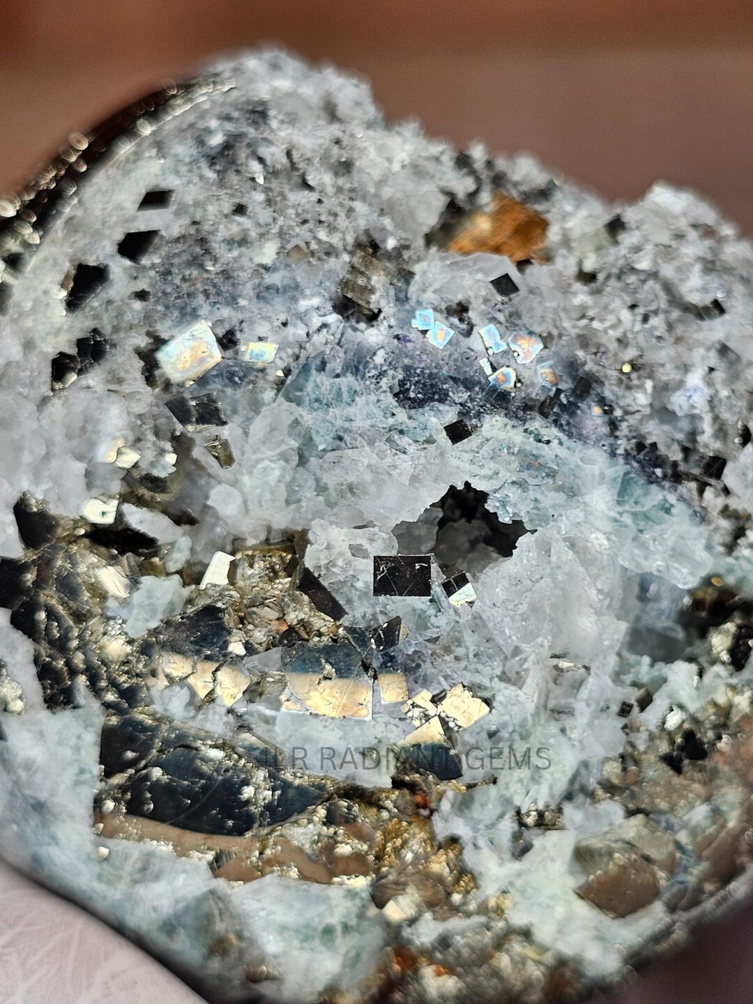 Open Druzy Quartz Pyrite With Blue and Purple Fluorite Sphere, Fluorite ...