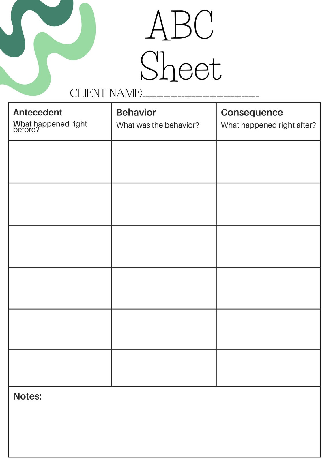 ABC Data Sheet, Antecedent, Behavior, Consequence, for Anecdotal ...