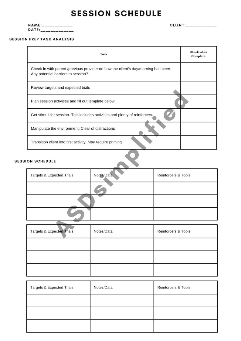 Session Prep Planner and Session Notes for ABA Session With ASD Clients ...