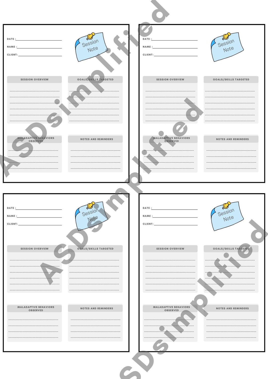 Therapy Session Note Sheet for Multiple Sessions and Therapists, Great ...
