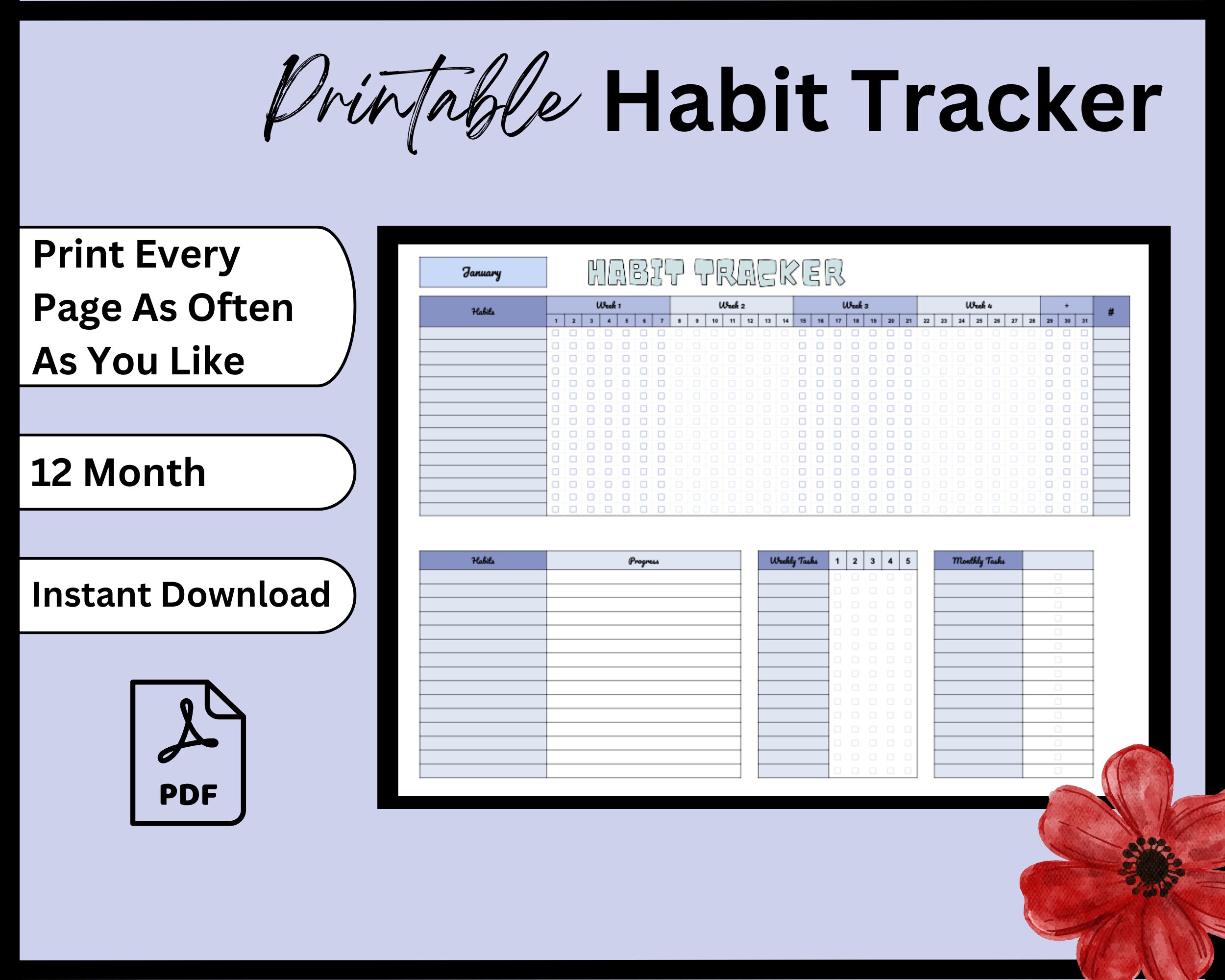 Printable Habit Tracker Blue, Day Planner, Printable Template, Goal ...