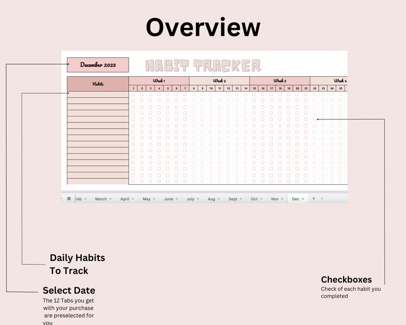 Monthly Habit Tracker Pink, Habit Tracker Google Sheet, Goal Template ...