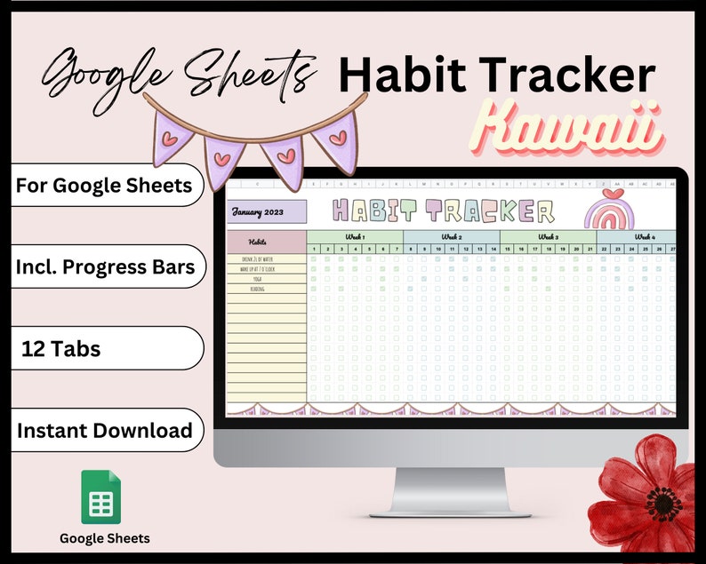 Monthly Habit Tracker Kawaii, Habit Tracker Google Sheet, Goal Template ...