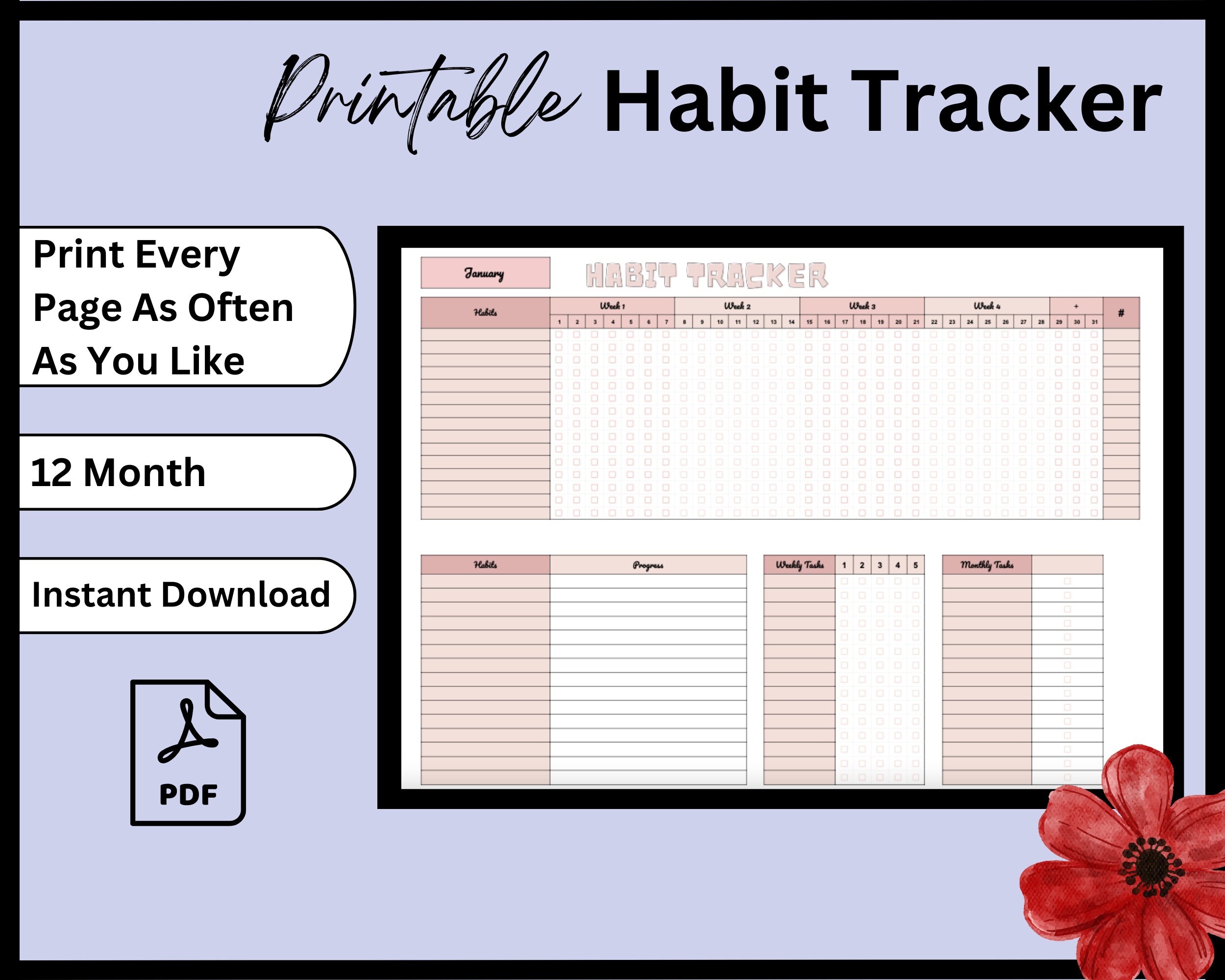 Printable Habit Tracker Pink, Day Planner, Printable Template, Goal ...