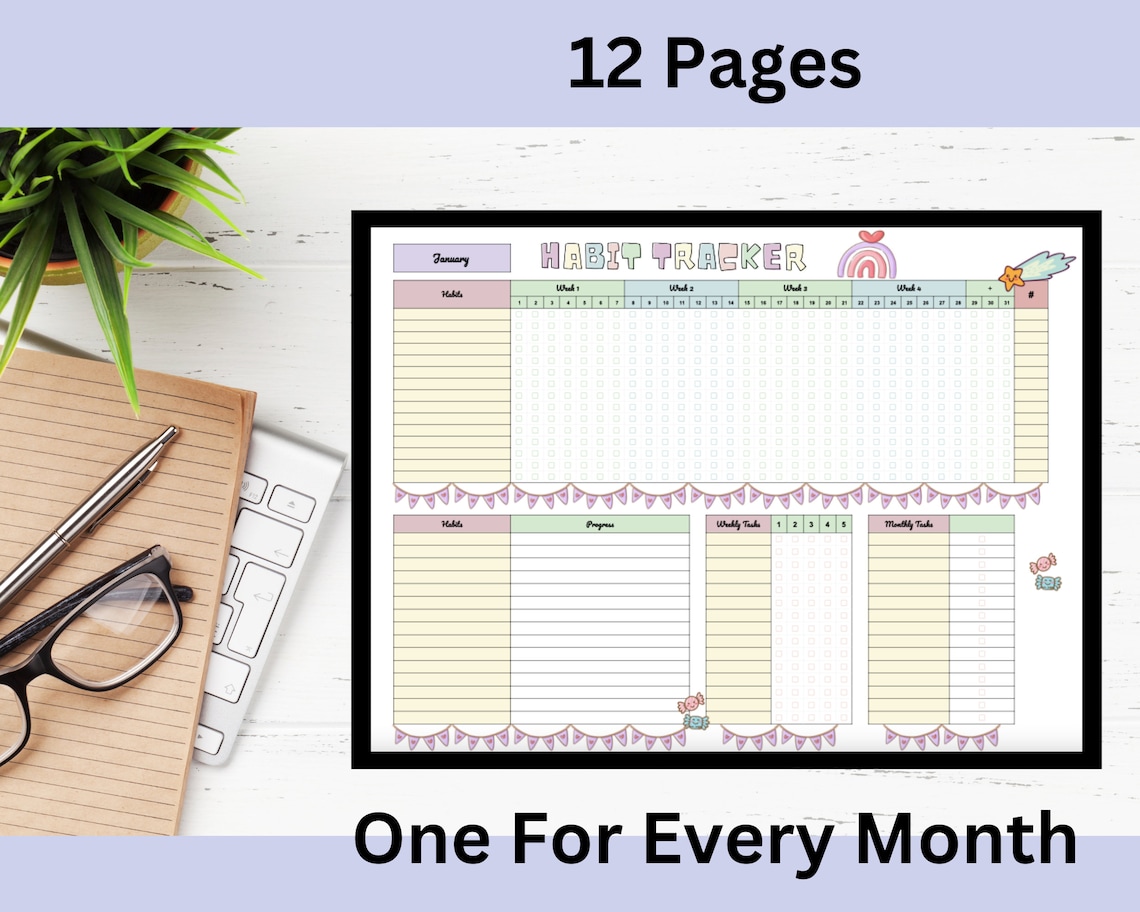 Printable Habit Tracker Kawaii, Day Planner, Printable Template, Goal ...