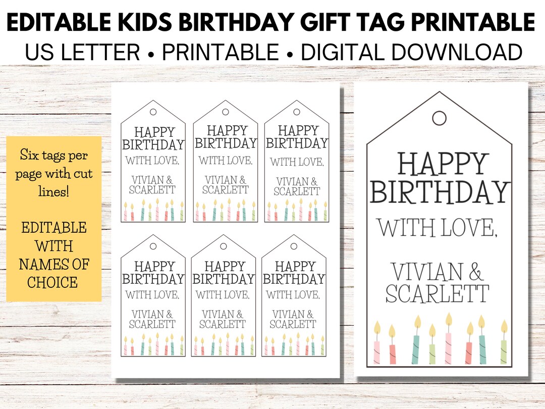 EDITABLE Kids Birthday Gift Tag PRINTABLE - Etsy