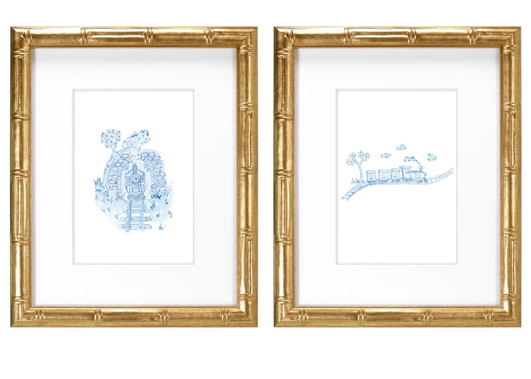 Blue Train Toile (on Track)- Hand Painted Watercolor Print With Mat - Etsy