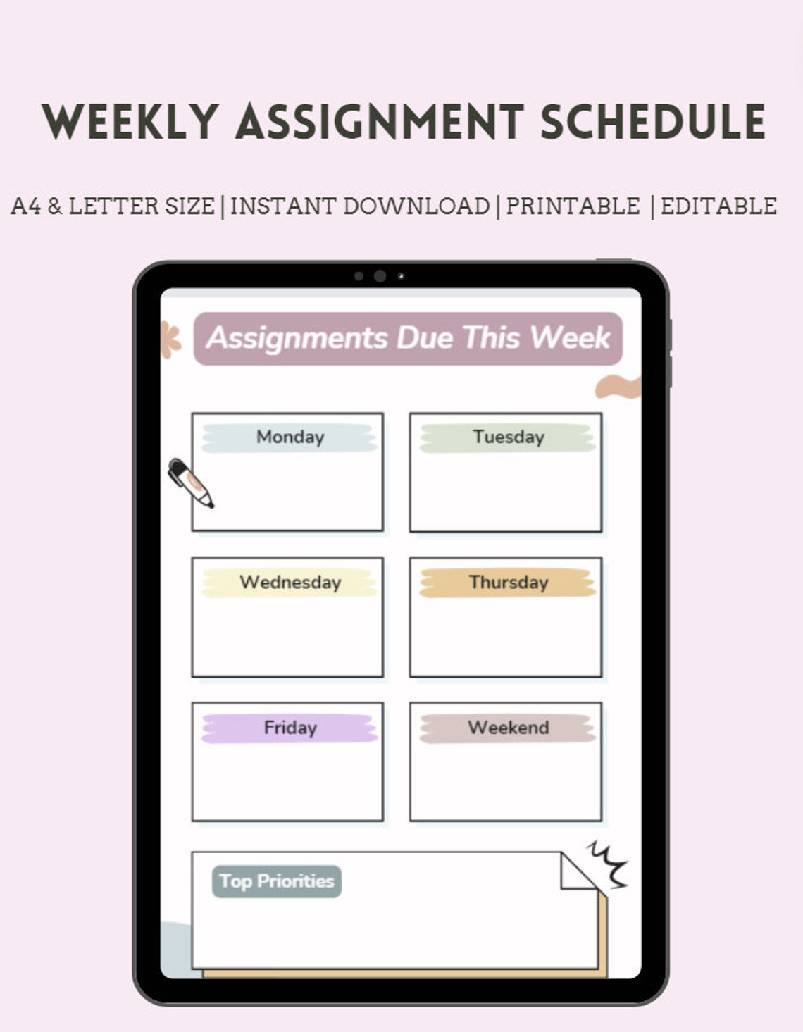 Weekly Assignment Schedule, Weekly Study Planner, Study Schedule ...
