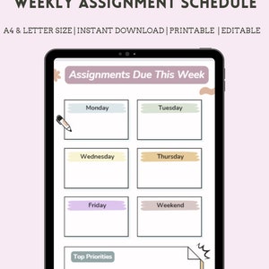 Weekly Assignment Schedule, Weekly Study Planner, Study Schedule ...