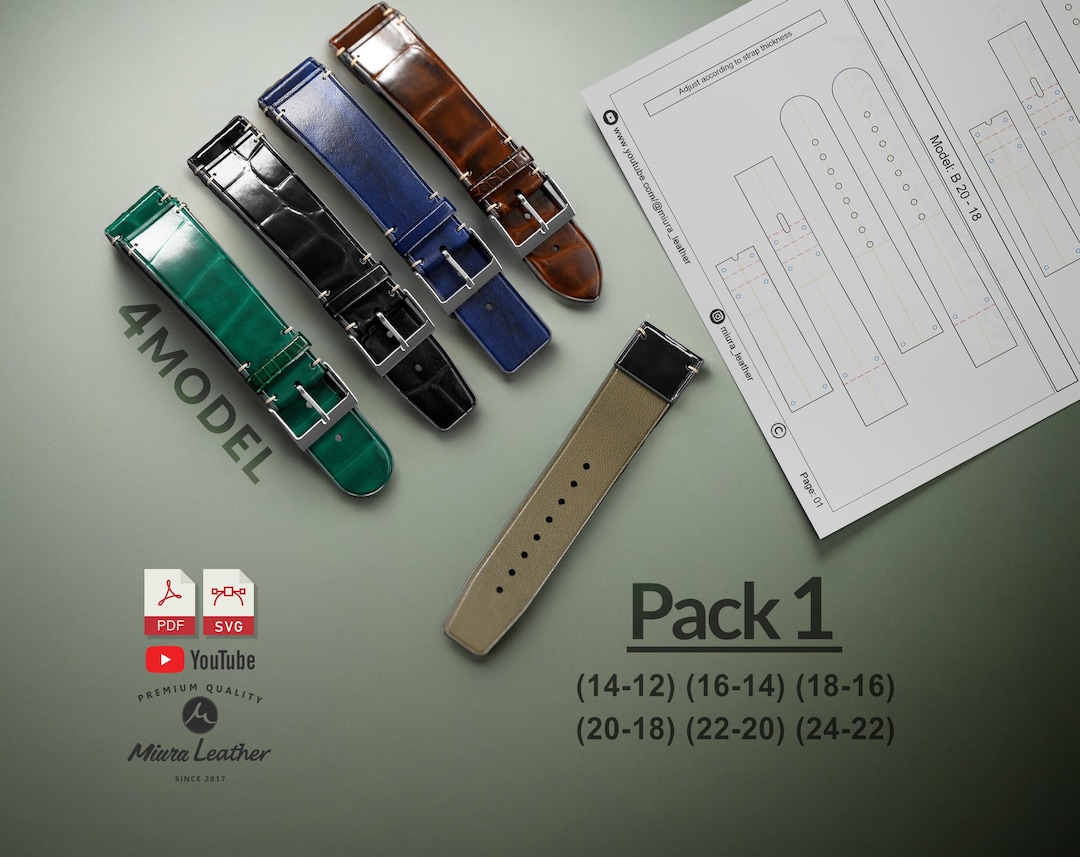 Pack1: 4 Styles, 6 Sizes Leather Watch Strap Patterns | DIY Watch Band ...