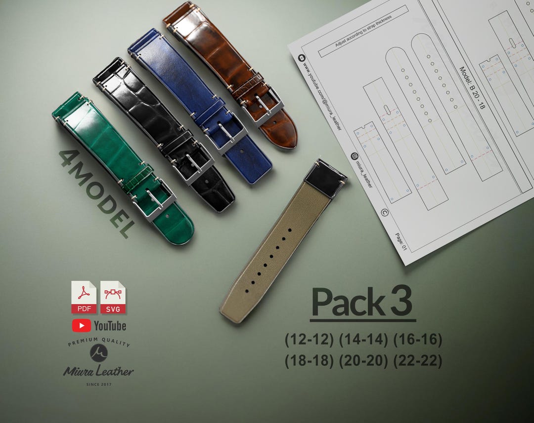 Pack 3: 4 Styles, 6 Sizes Leather Watch Strap Patterns | DIY Watch Band ...