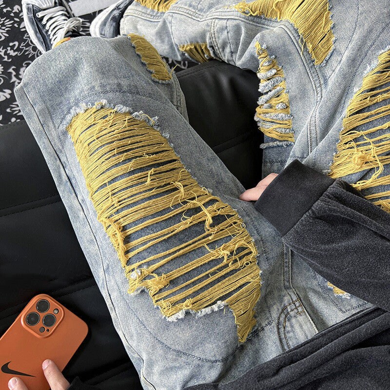 Green Ripped Jeans for Men Raw Embroidery - Etsy