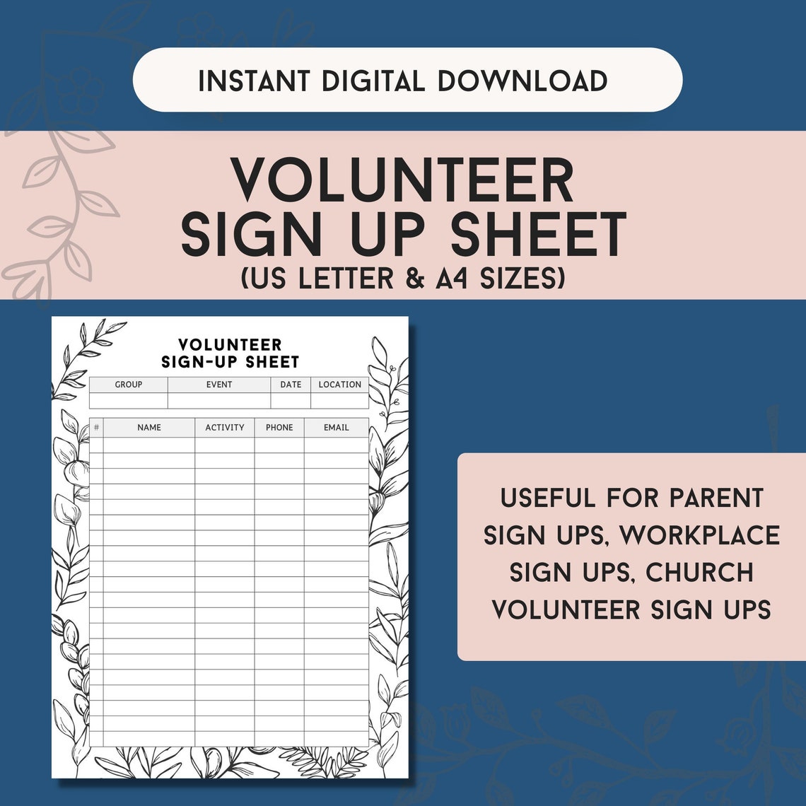 Printable Volunteer Sign up Form, Church Volunteer Form, School ...