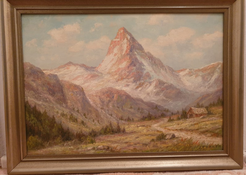 Antique Oil Painting Mountain Landscape 4256cm Signed by JAN FOKKEN Ca ...
