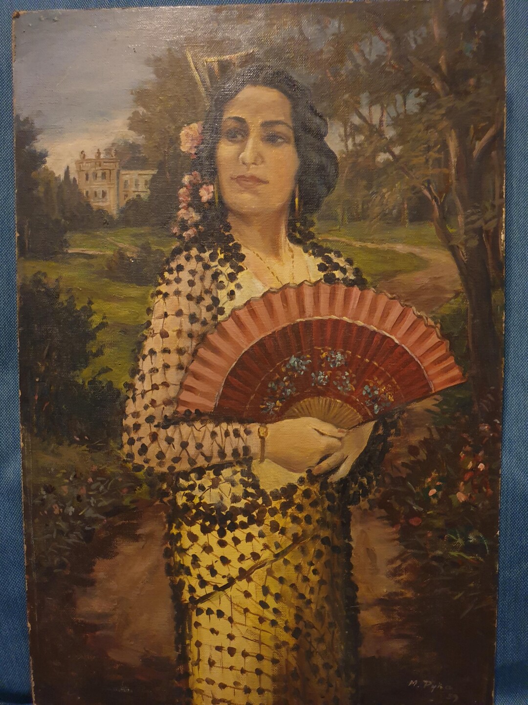 1959 Woman With Fan Oil Painting | Vintage European Figurative Art - Etsy