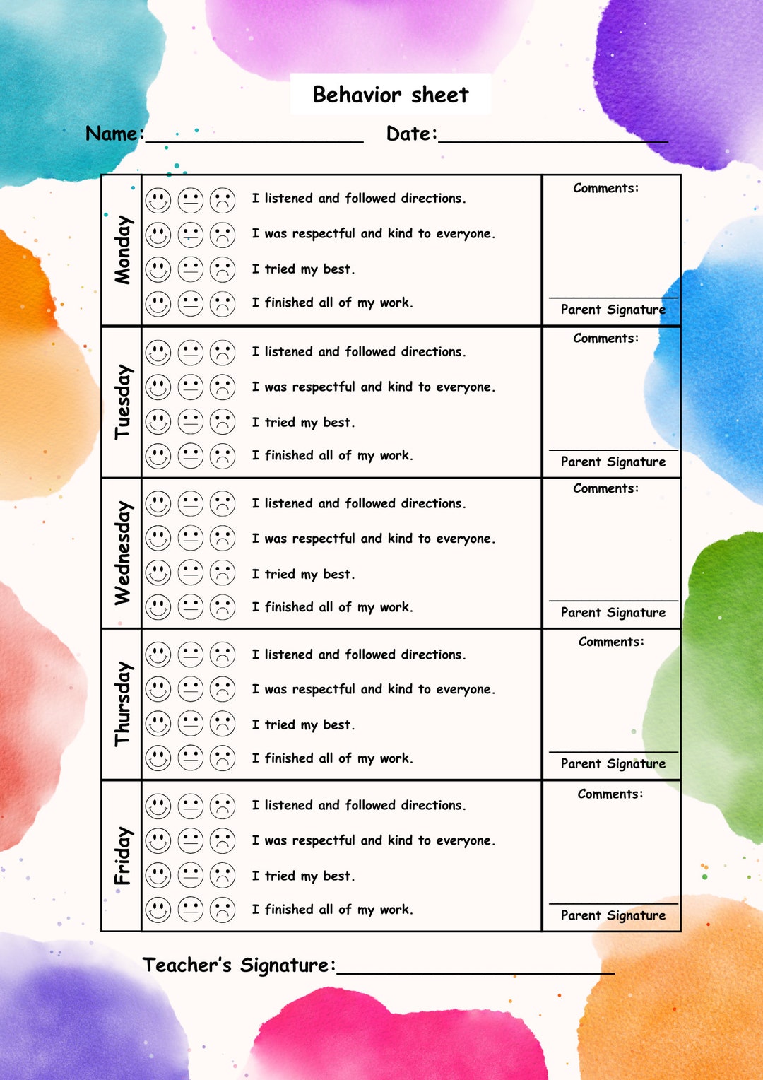Behavior Sheet / Kids Behavior Chart / Track Your Behavior Progress ...
