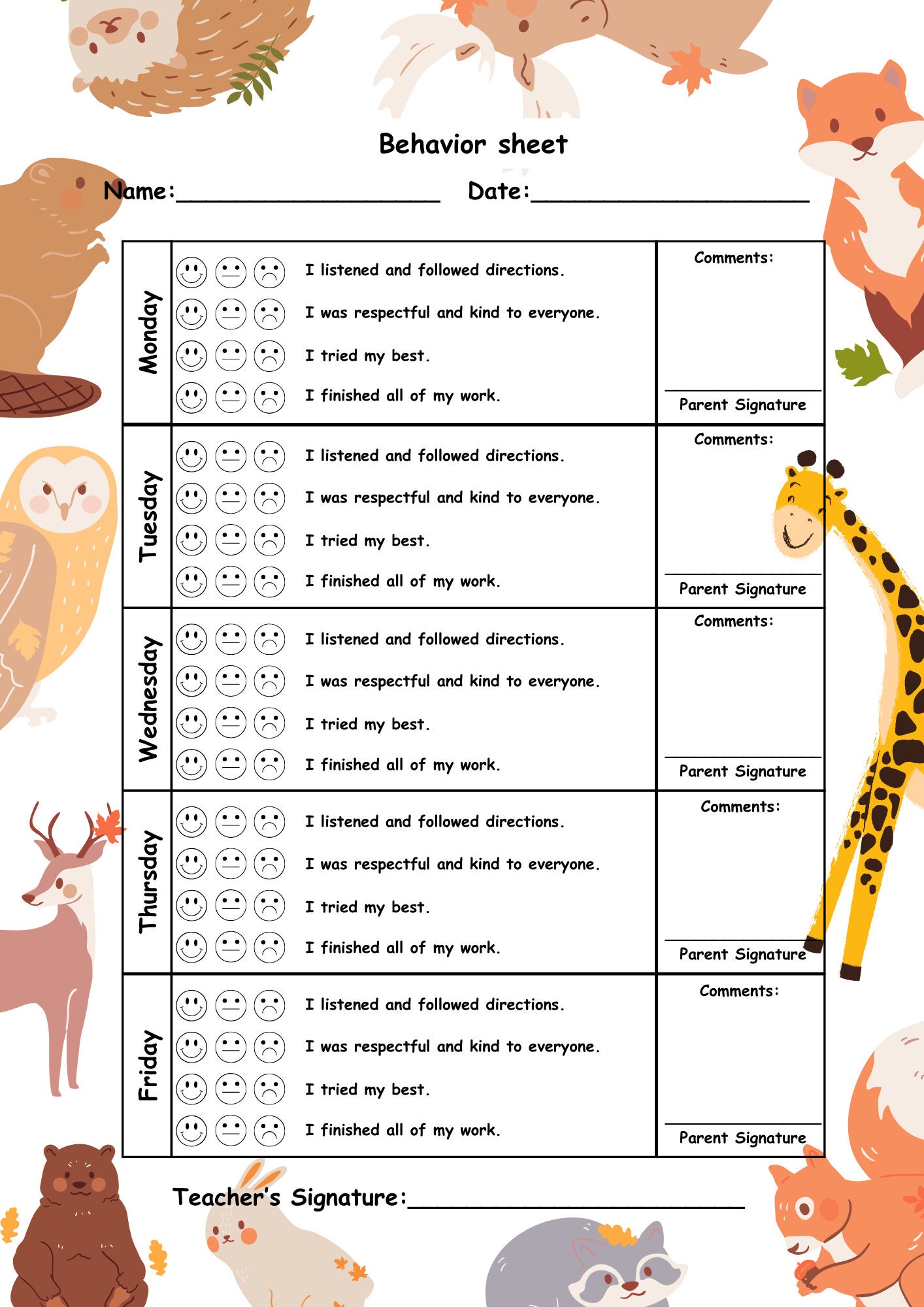 Behavior Sheet / Kids Behavior Chart / Track Your Behavior Progress ...