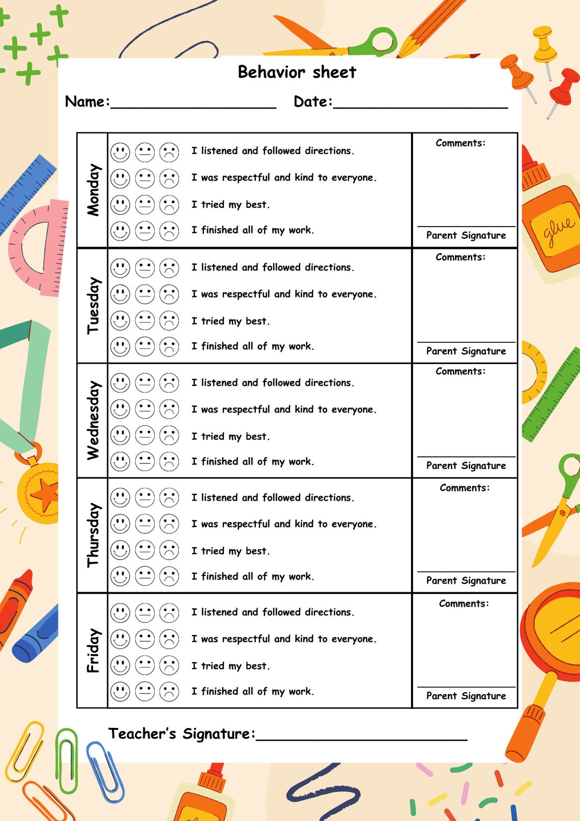 Behavior Sheet / Kids Behavior Chart / Track Your Behavior Progress ...